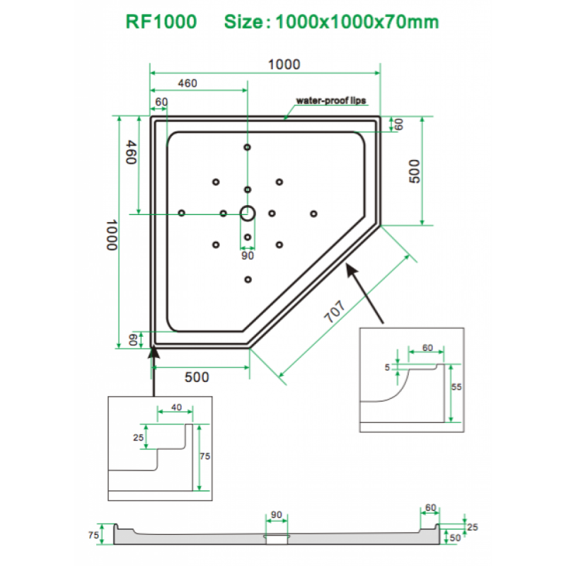 Shower Tray Angle Series 1000X1000mm Center Shower Tray Angle Series 1000X1000mm Center
